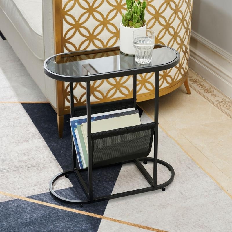 Oval Narrow Side Table Set of 2 End Tables with Organizer Storage Brown Wood Top Acacia