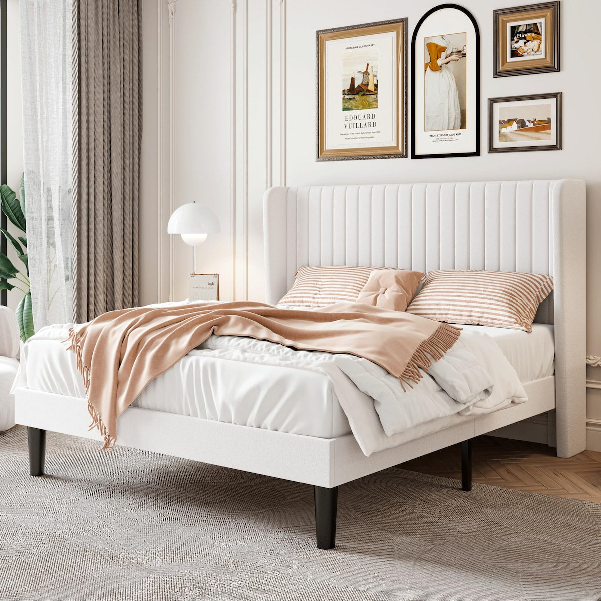 Queen Bed Frame Vertical Channel Tufted Wingback Headboard Upholster