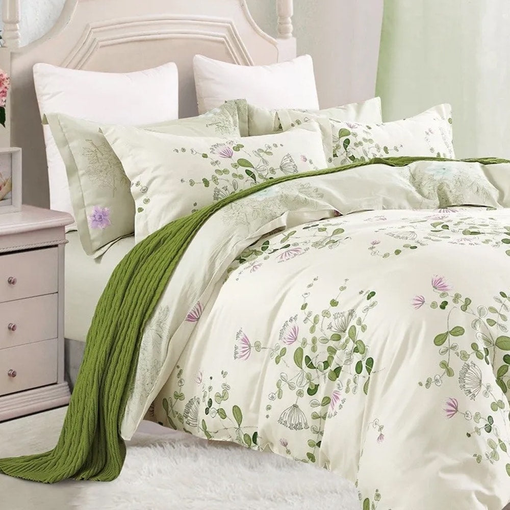 Queen Graceful Print 100 Cotton Bedding Set White Green