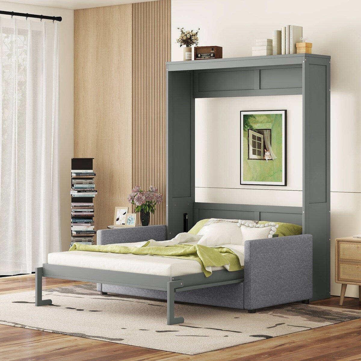 Queen Size Linen Murphy Bed with Cushion Support Leg Multifunctiona