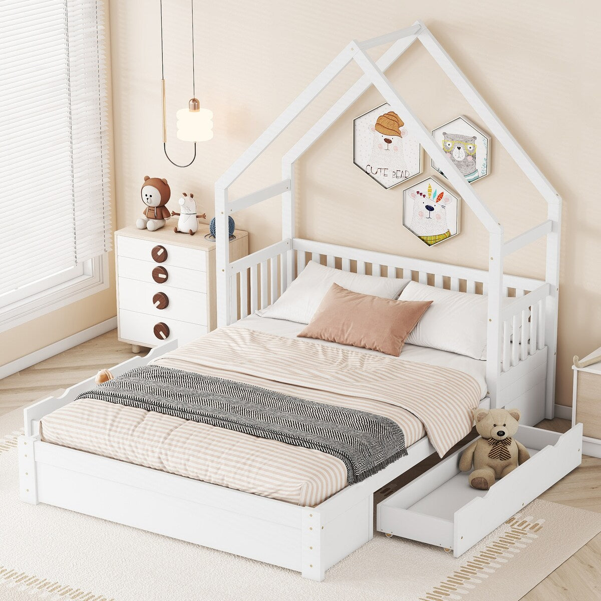 Queen Size Montessori Floor Bed for Kids House Bed with Roof and 2 Dr Overstock