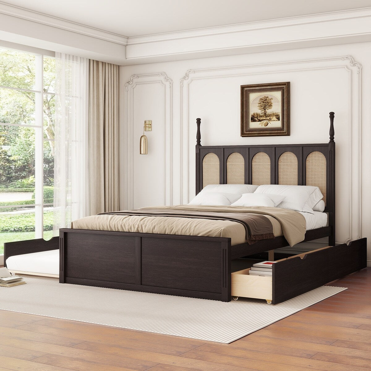Queen Size Rattan Platform Bed with 2 Storage Drawers and Twin Size Tr Overstock