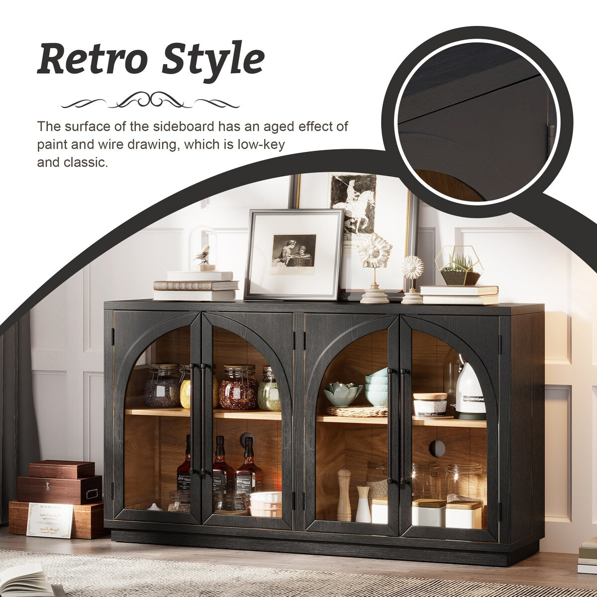 Retro Buffet Sideboard Large Storage Cabinet Black Console Table with Overstock