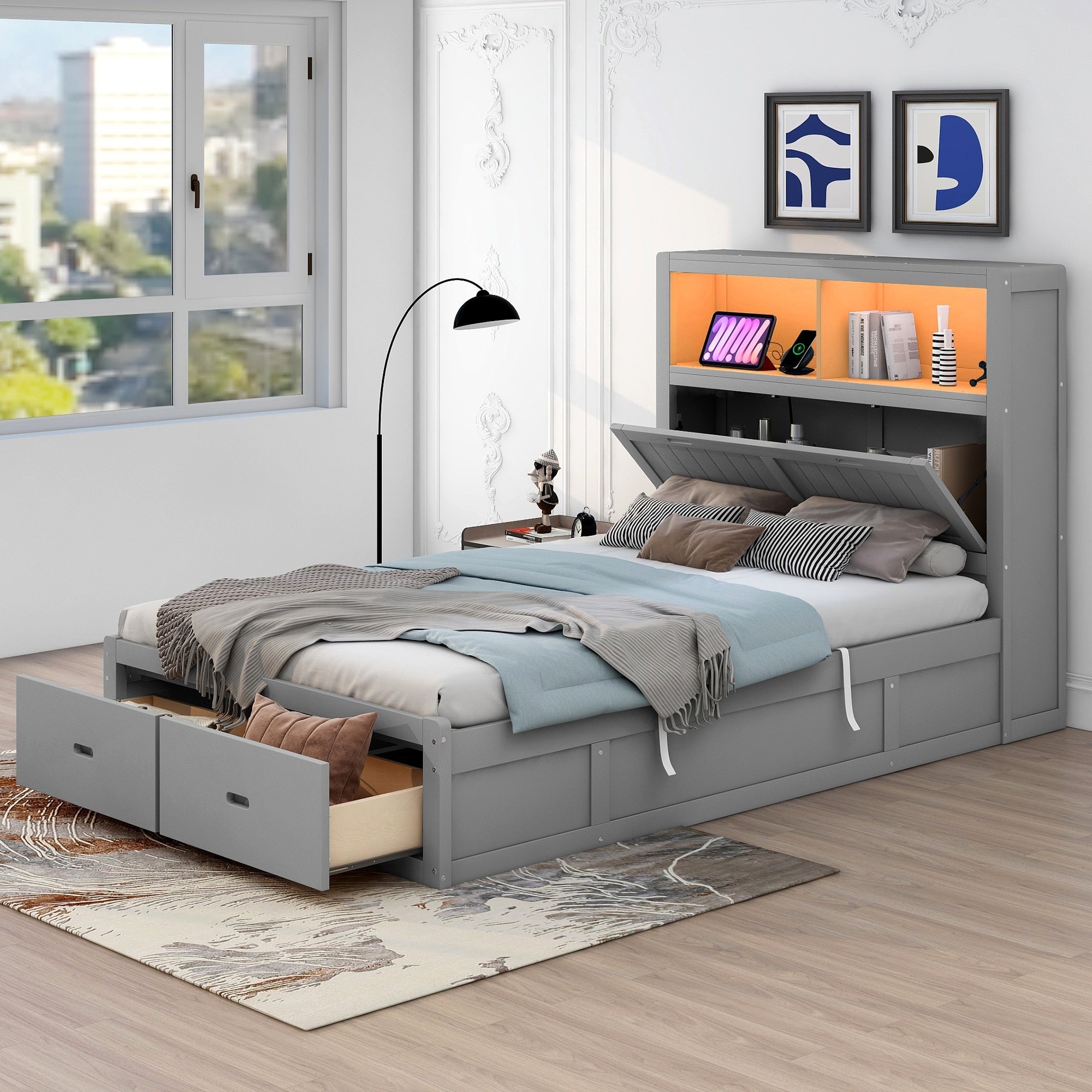 Side Lift Up Hydraulic Frame 2 Drawers Storage Bed All in one Cabinet