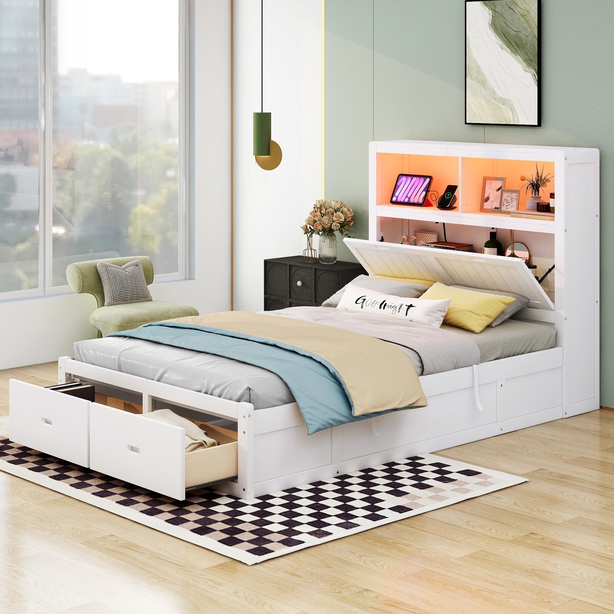 Side Lift Up Hydraulic Frame 2 Drawers Storage Bed All in one Cabinet