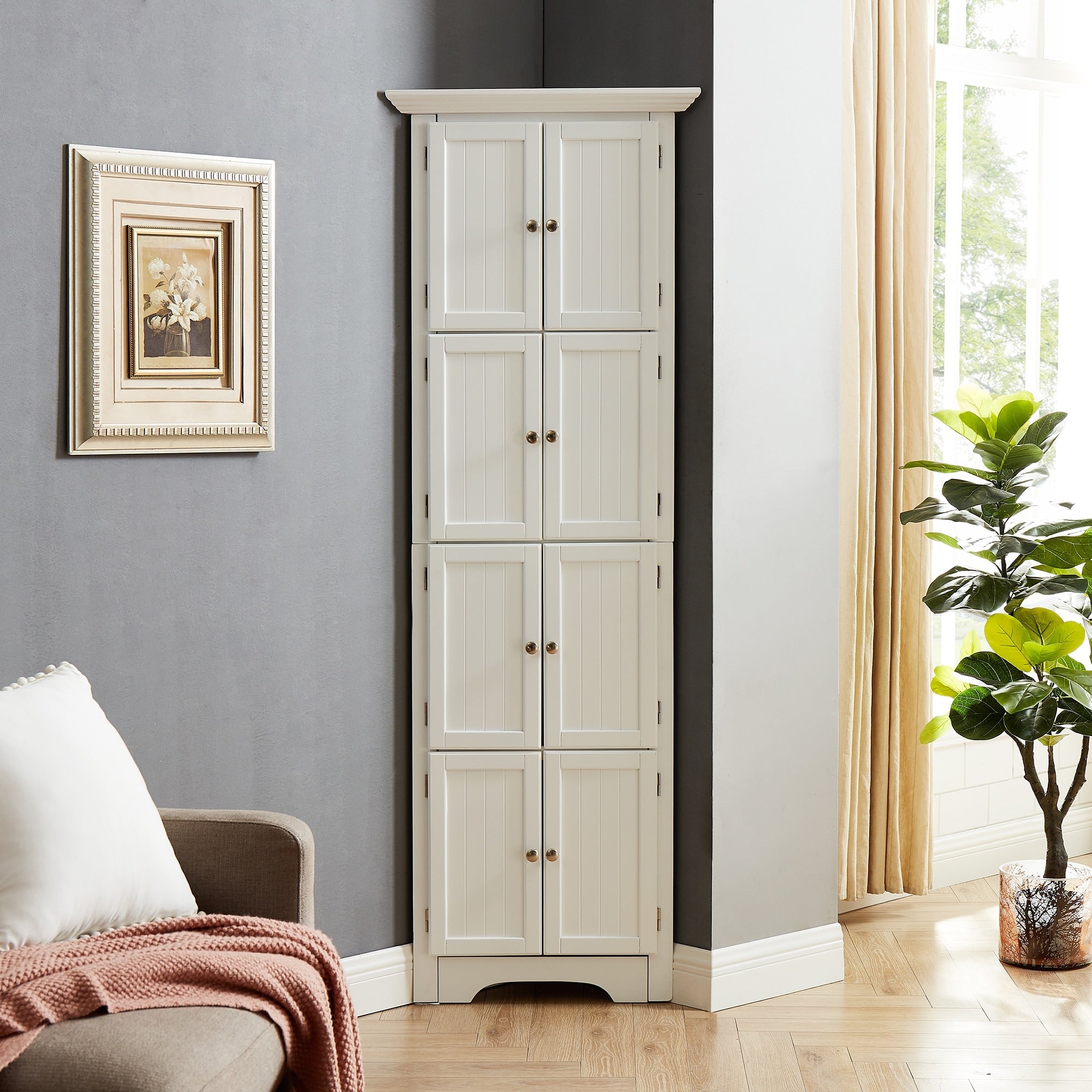 Tall Corner Cabinet with Doors 4 Shelves Free Standing Corner Stora Overstock