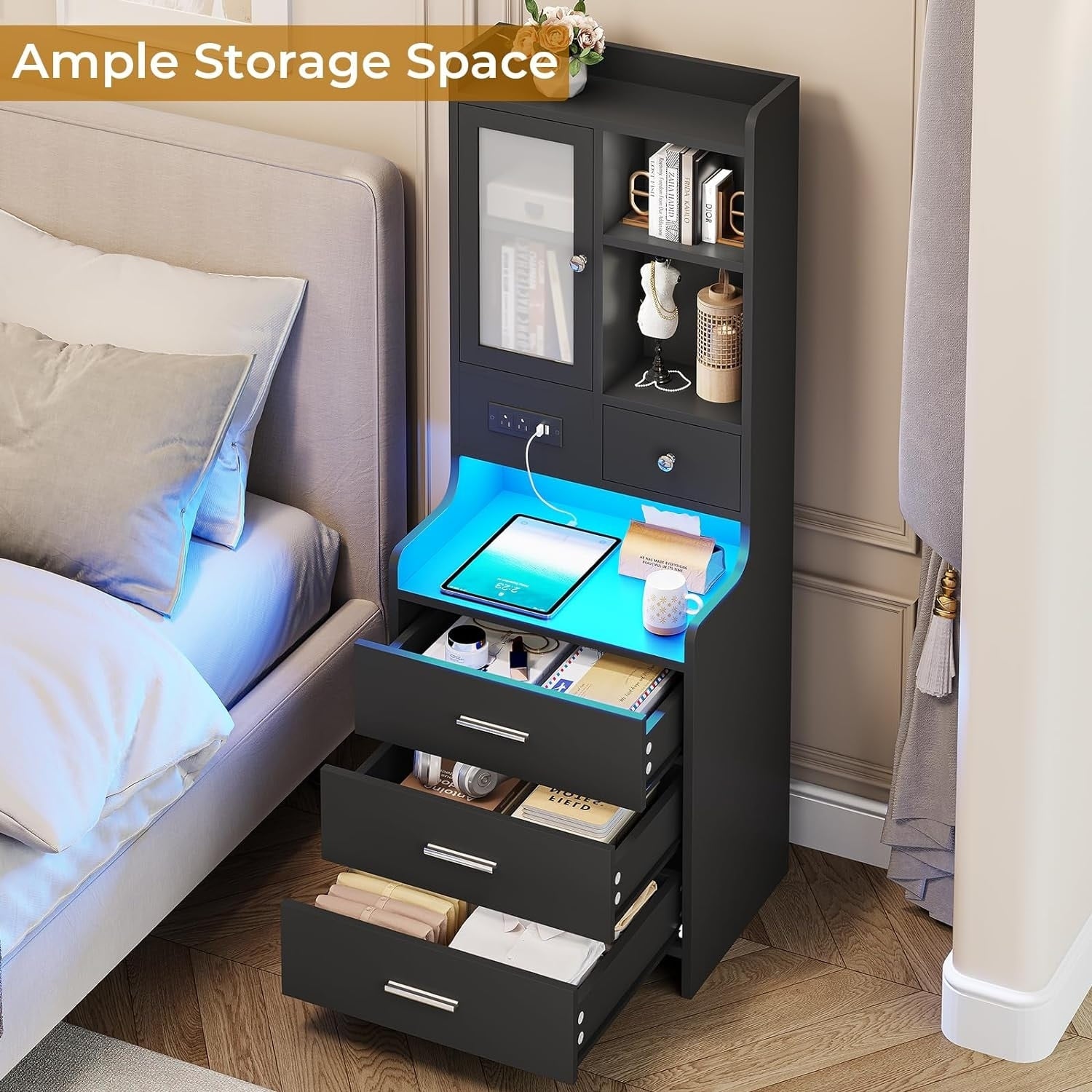 Nightstand with charging station and drawers store