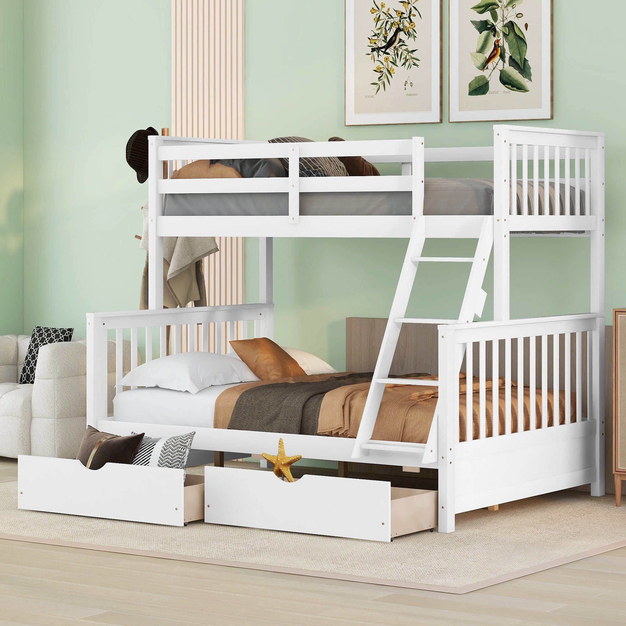 Twin Over Full Bunk Bed with Ladders Two Storage Drawers and Guardrail Overstock