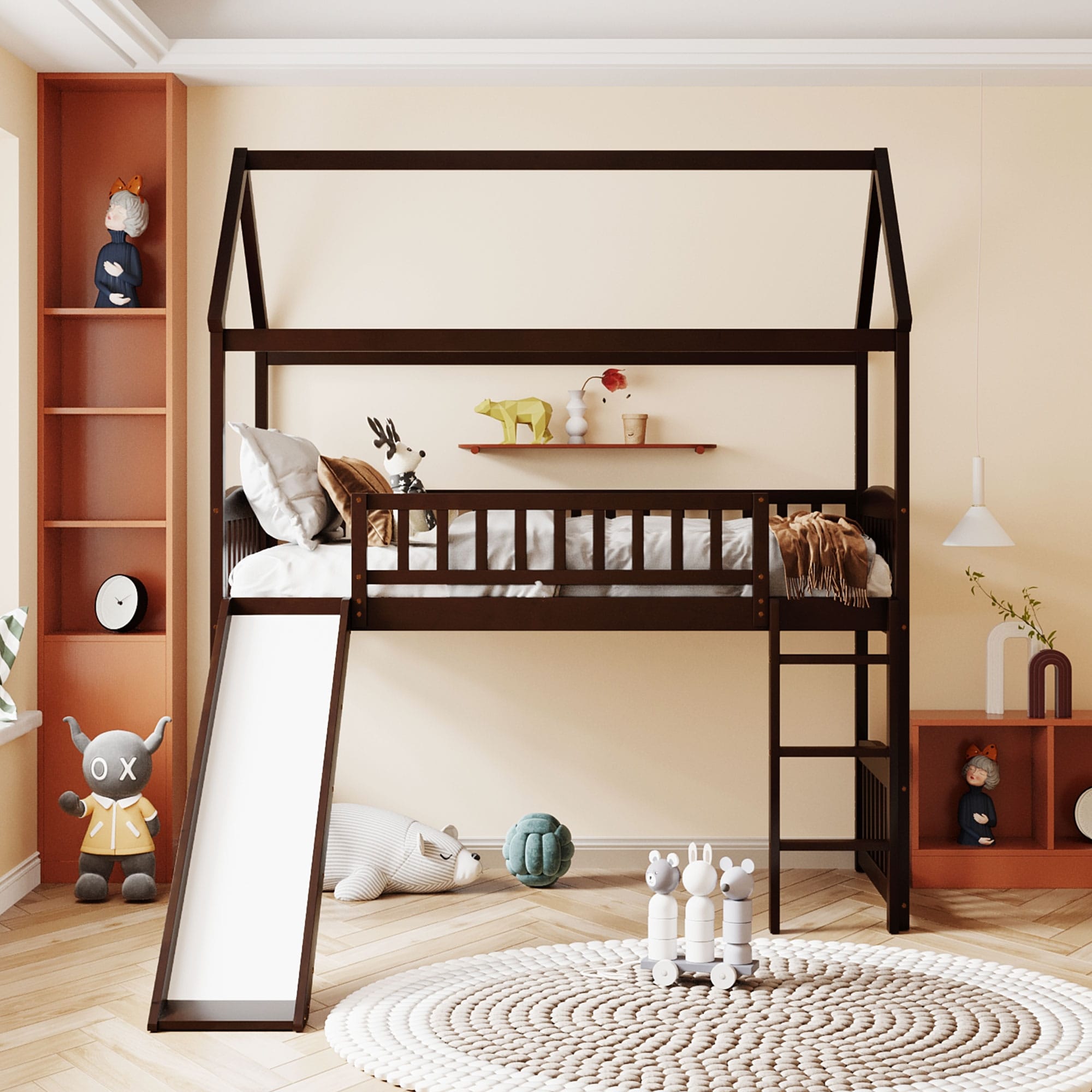 Twin Size House Loft Bunk Bed Frames with Slide for Girls or Boys Espresso