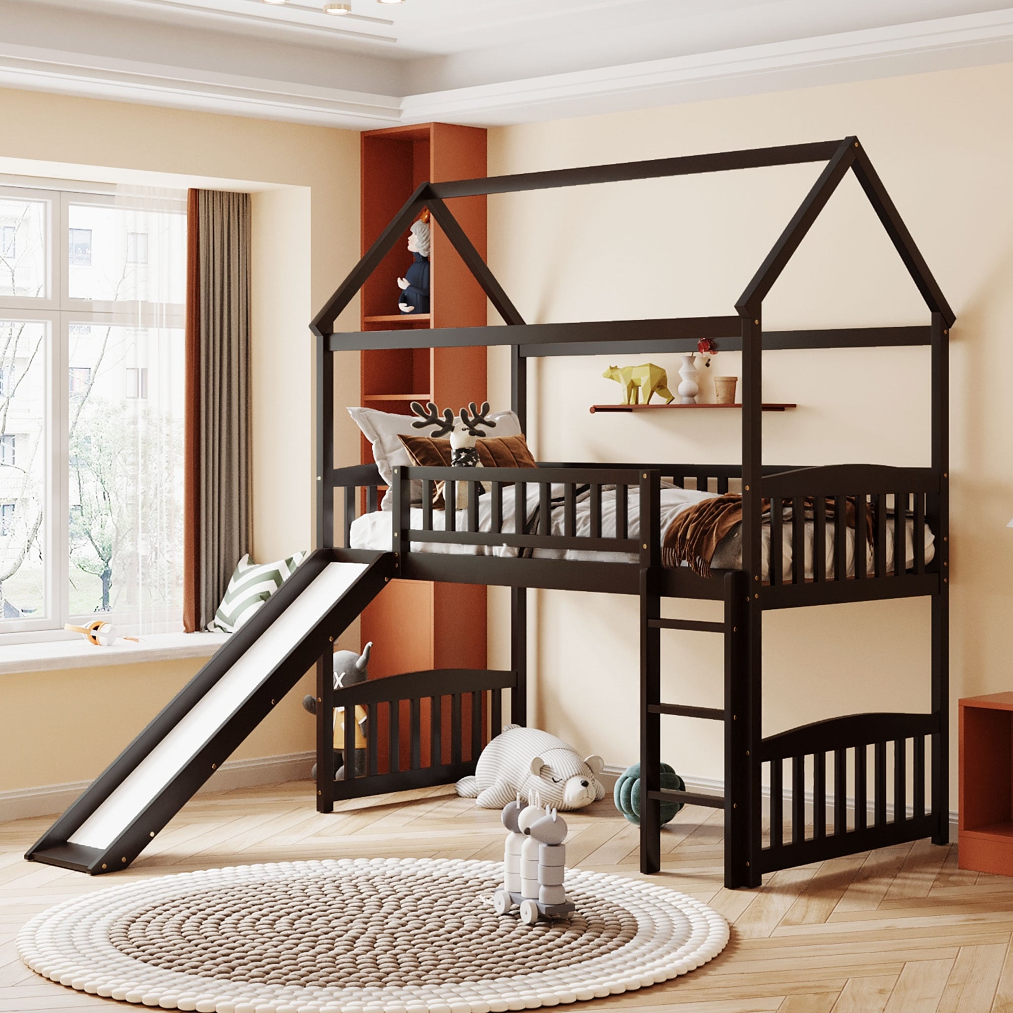 Twin Size House Loft Bunk Bed Frames with Slide for Girls or Boys Overstock