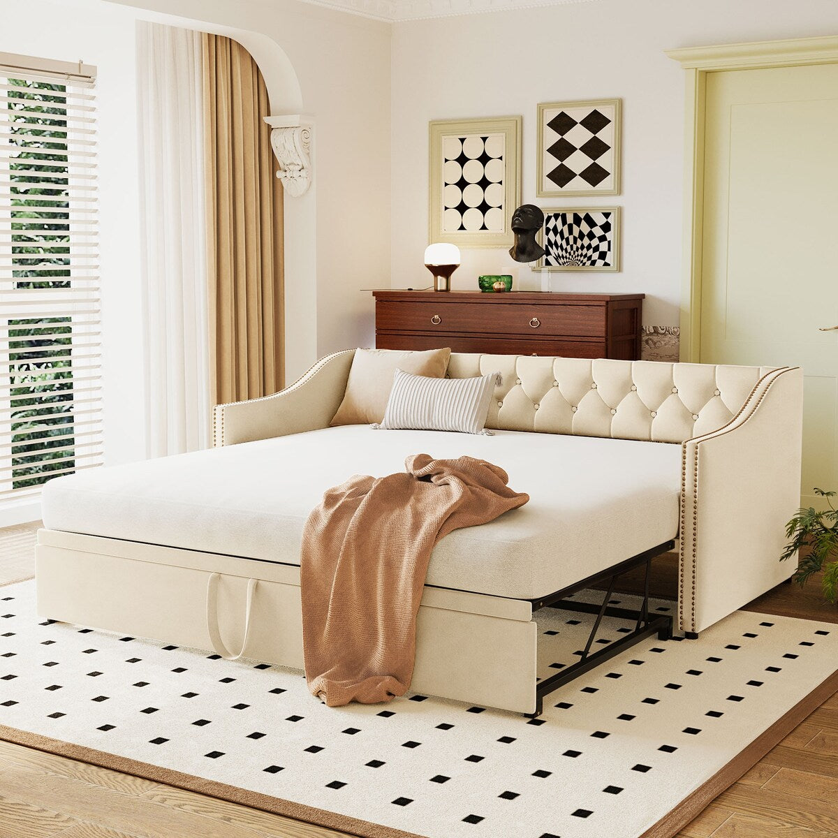 Twin to King Daybed with Pop Up Trundle Button Tufted Backrest and Wo Overstock