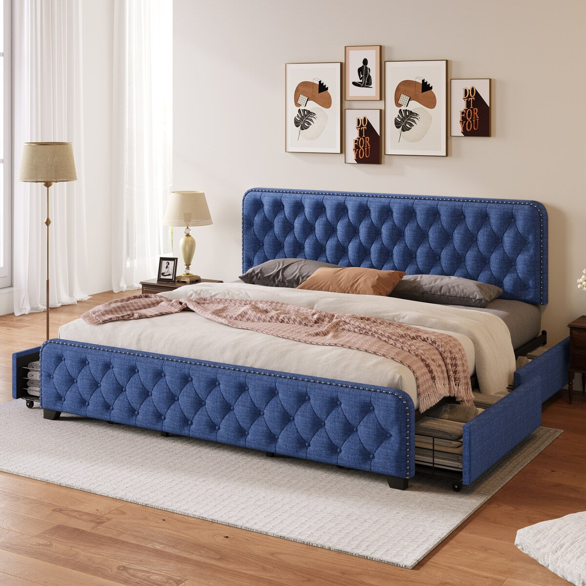 Upholstered Platform Bed Frame with Four Drawers Button Tufted Headbo Overstock