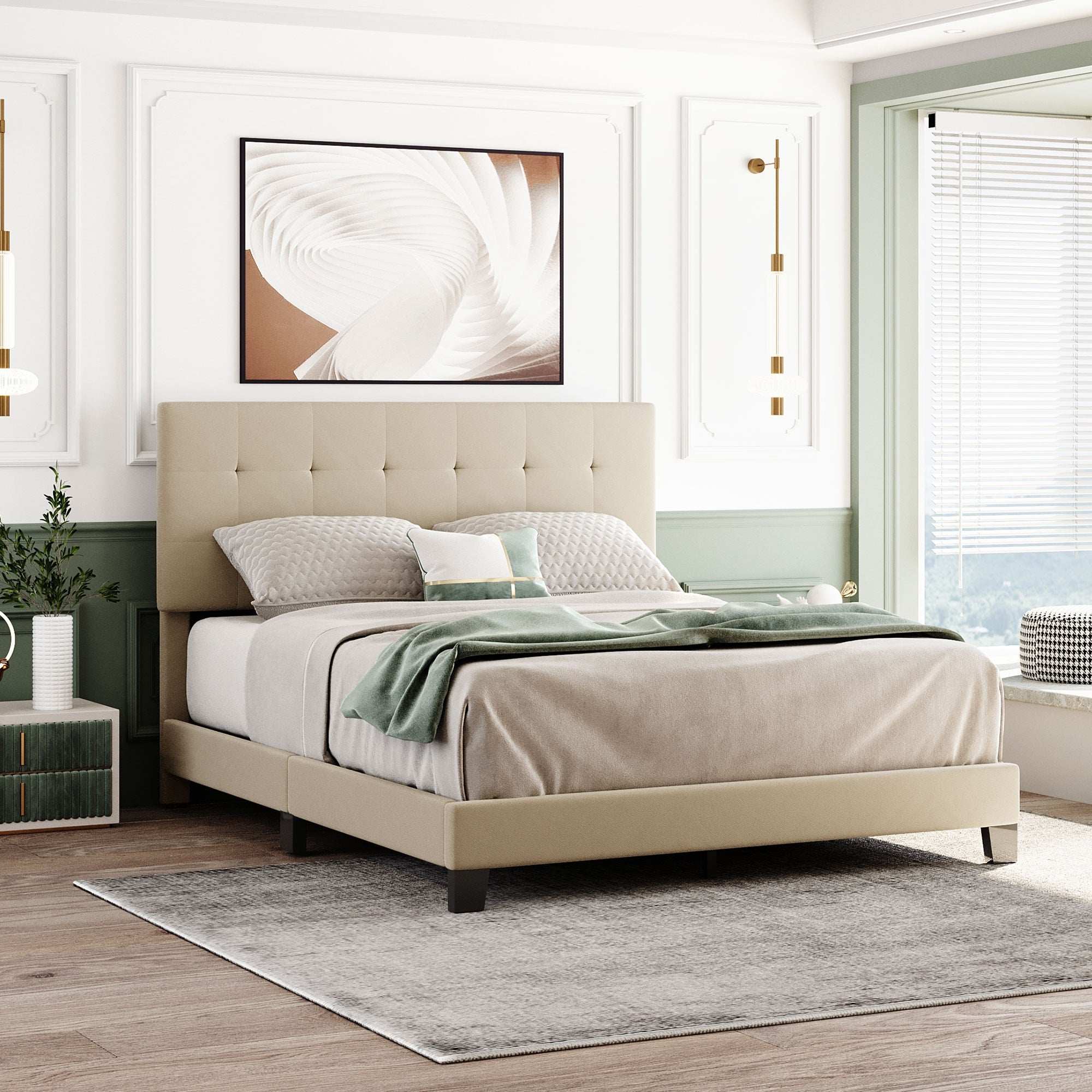 Queen Size Tufted Beige Linen Upholstered Platform Bed Overstock