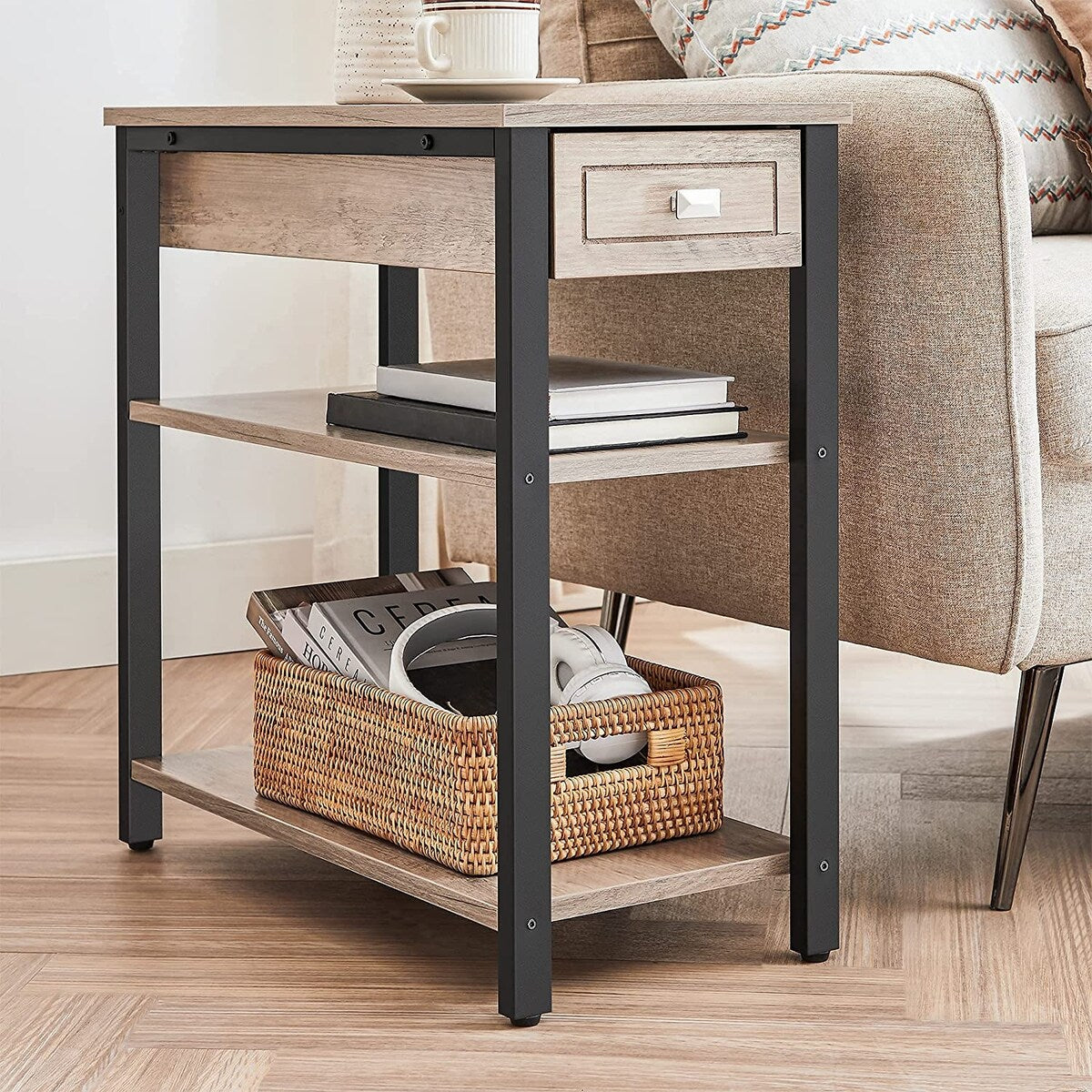 VASAGLE Industrial Black Metal Wood Side Table Narrow End Table With