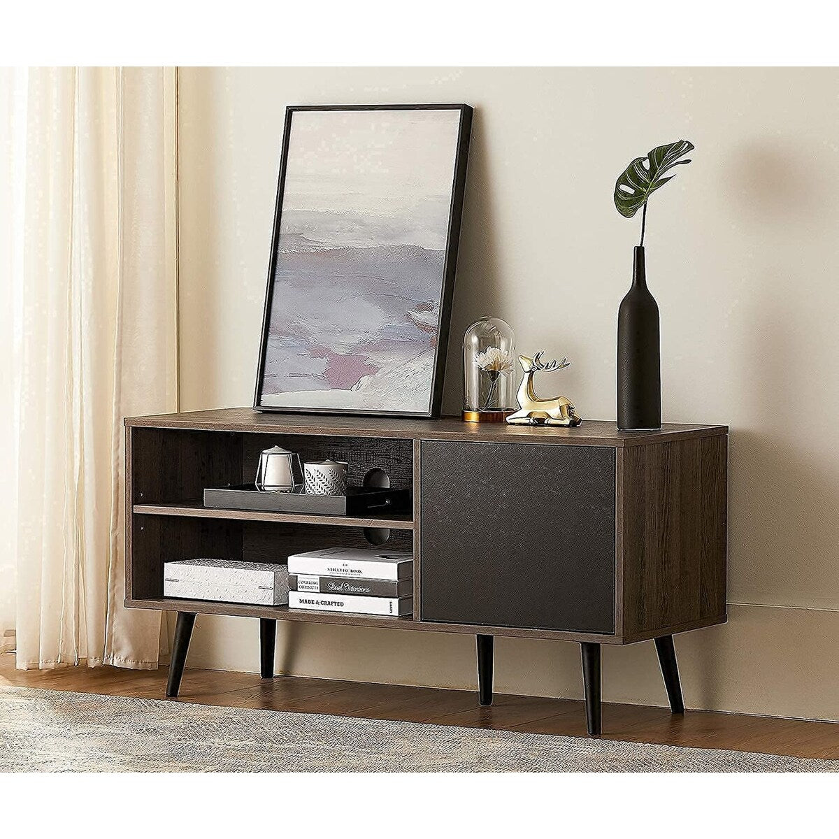 WAMPAT Mid Century Modern TV Stand Wood TV Console w Shelves Doors Overstock