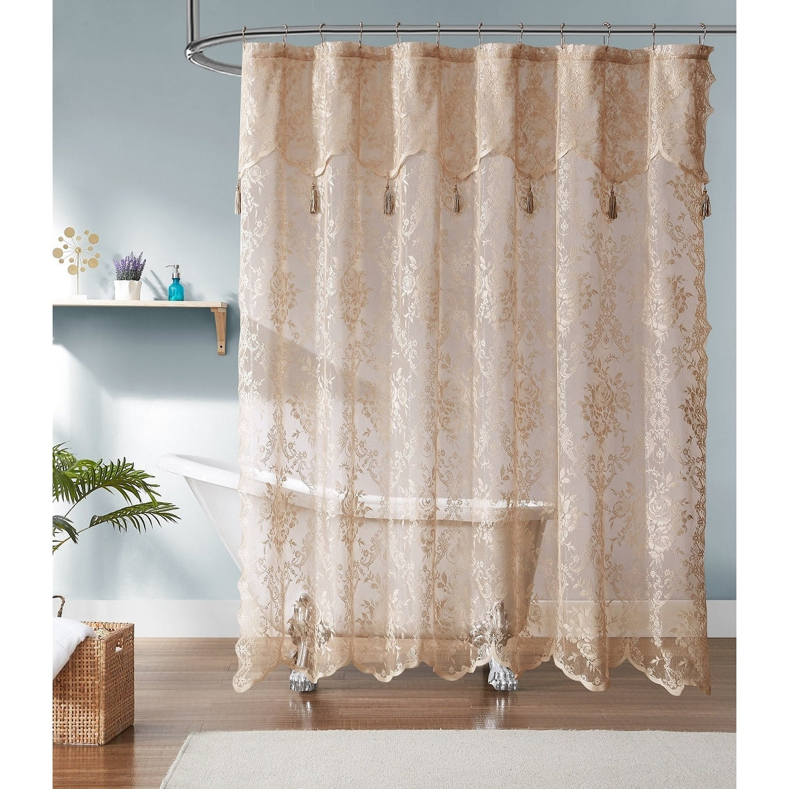 WARM HOME DESIGNS Lace Shower Curtain with Attached Valance 7 Tassels