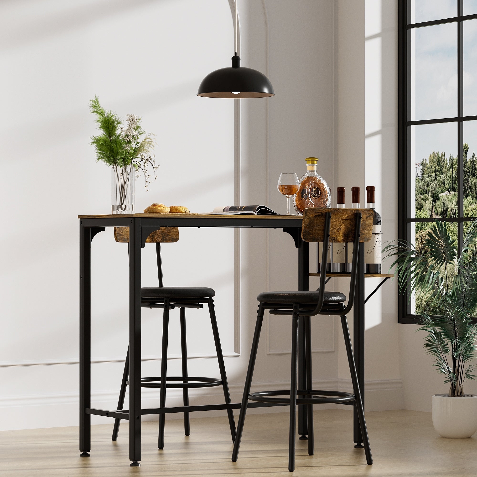 Wood Top Metal Base Side Table Industrial Bar Table with Two Chairs