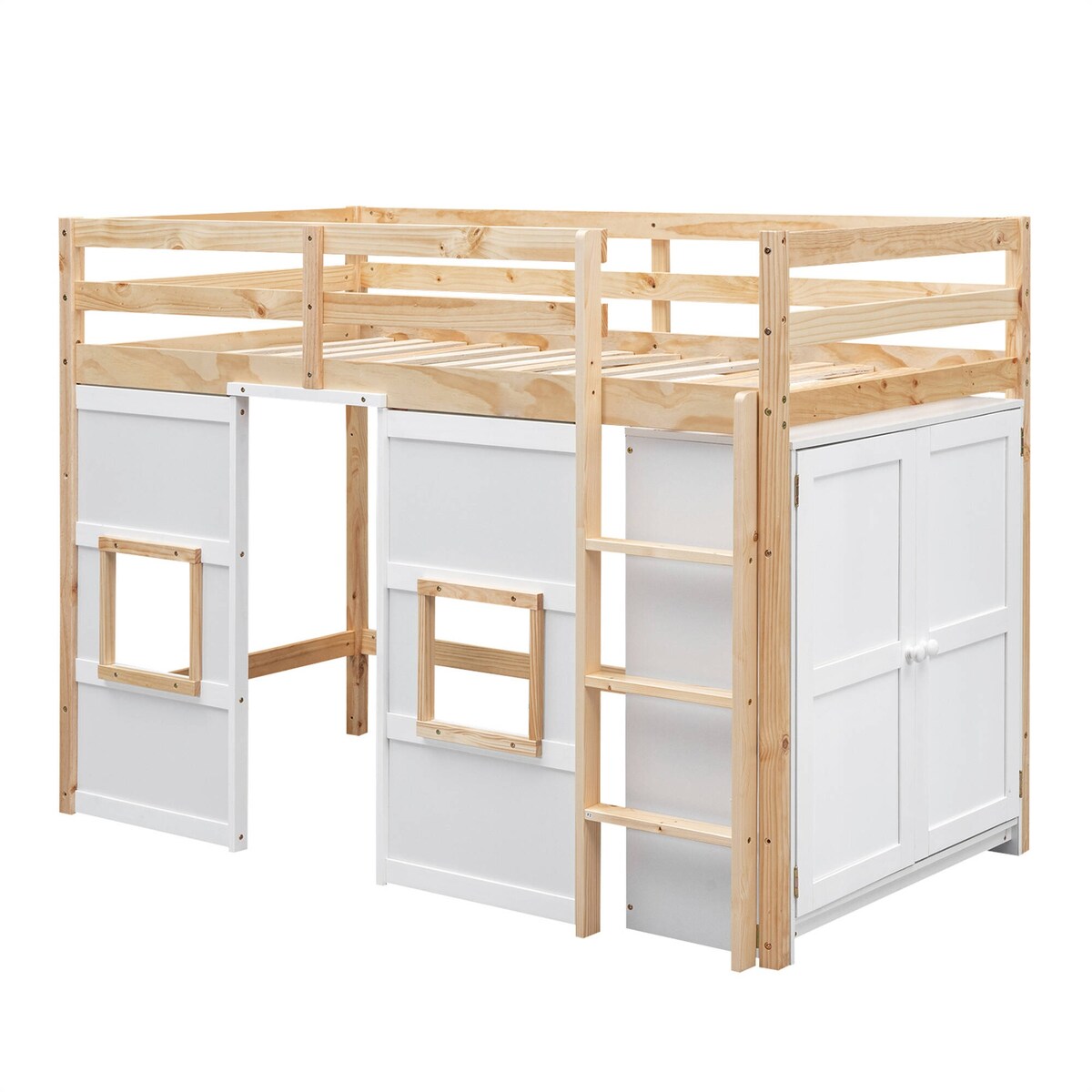 Wood Twin Size Loft Bed Bunk Bed with Built in Storage Wardrobe and 2 Windows Grey